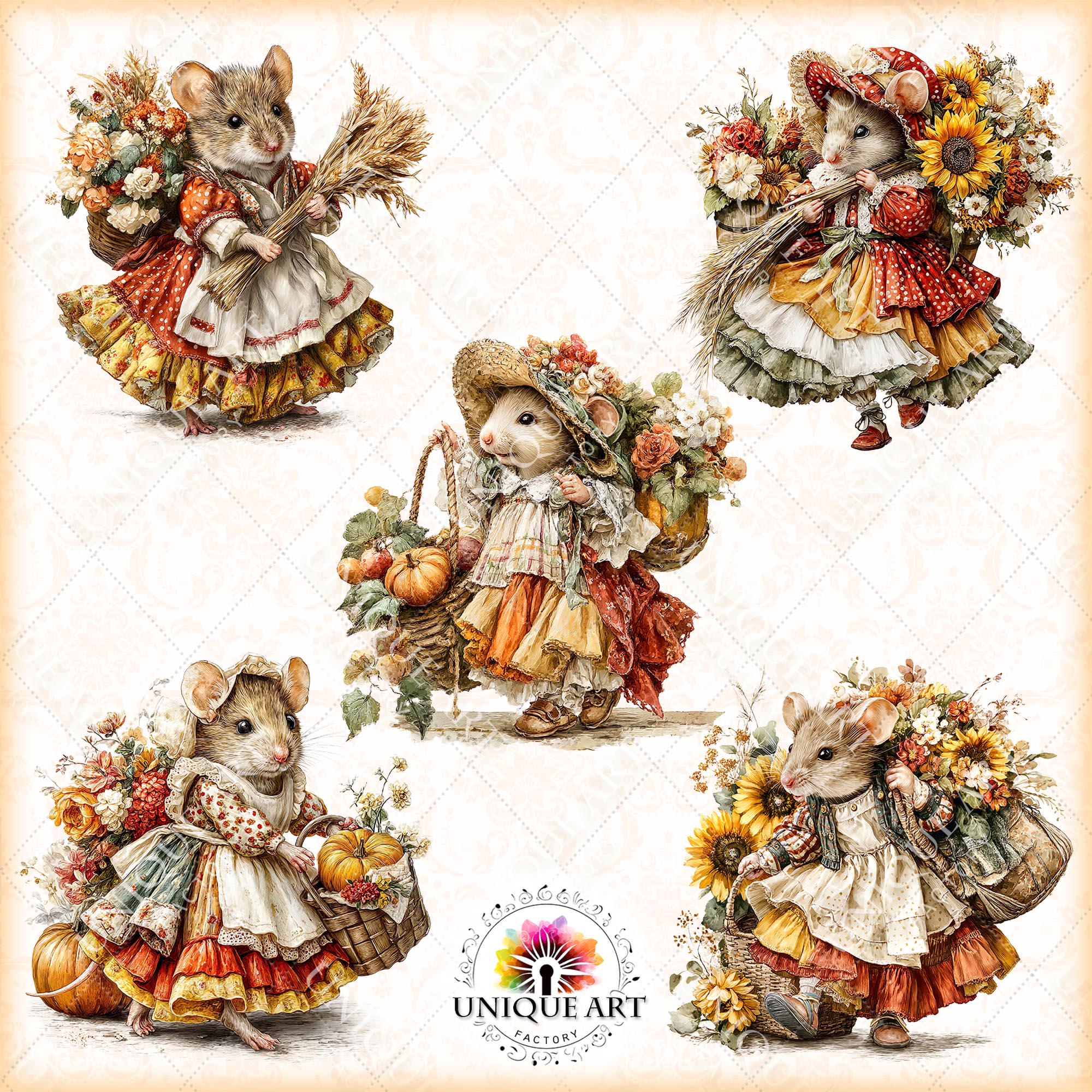 Autumn Harvest Mouse, Victorian Mice, Printable 15 PNG Clipart, Fall ...