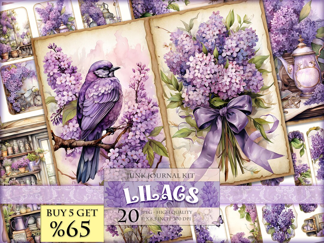 Lilacs, Watercolor Floral Junk Journal Kit, 20 JPG 11X8.5 Inch, Instant ...