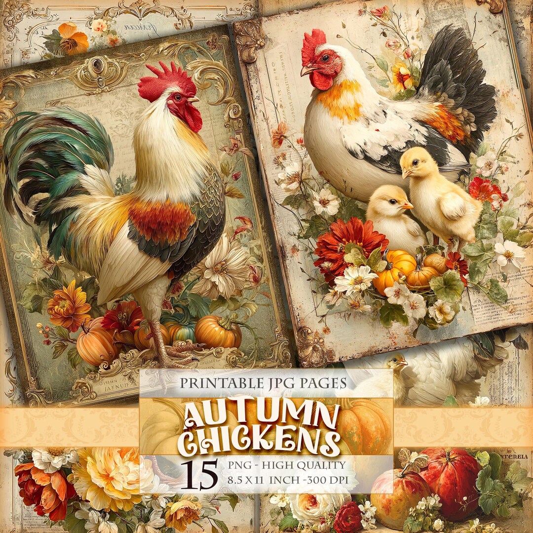 Autumn Chickens, Pumpkin and Flower, Printable 15 JPG Image, Floral ...