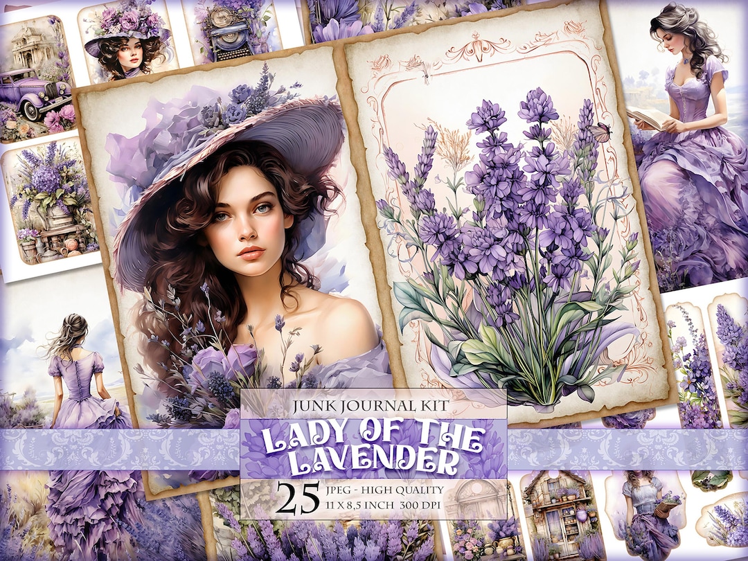 Lady of the Lavender, Floral Watercolor Junk Journal Kit, Printable 25 ...