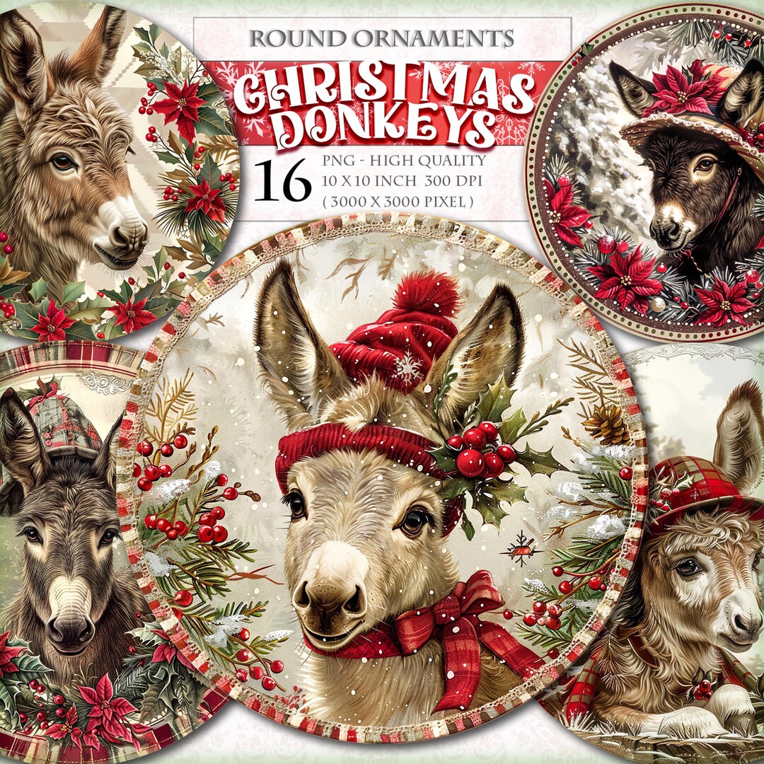 Christmas Donkeys - Round Clipart Bundle, Printable 16 PNG Image, Door ...