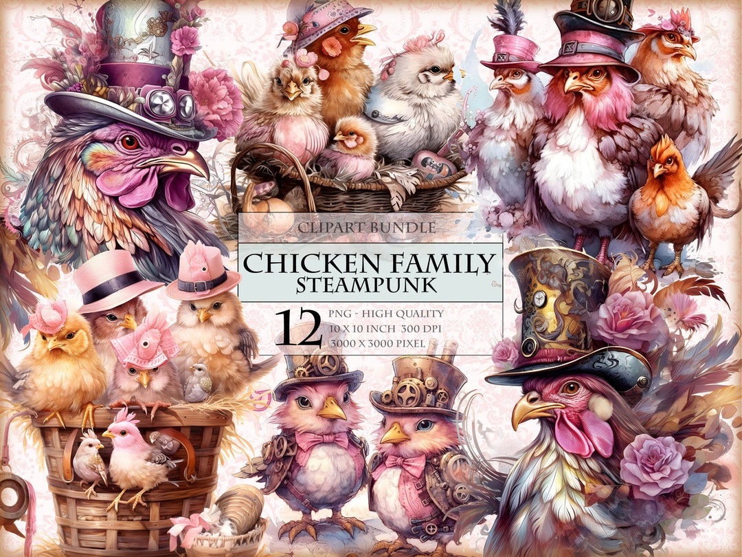Steampunk Chicken Family Watercolor Clipart Bundle HQ Printable PNG ...