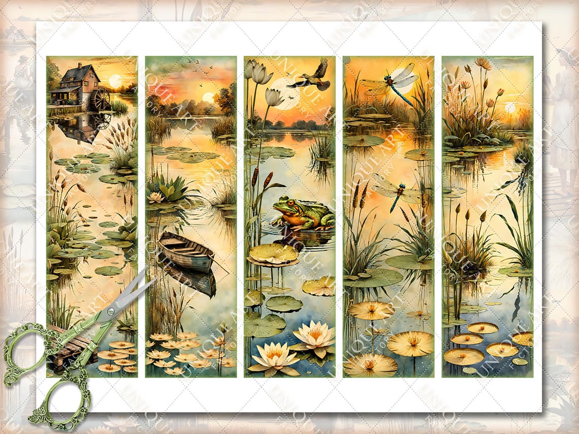 Sunset on the Lake Bookmarks, Watercolor Digital Sheets, 2x7 Inch 20 ...