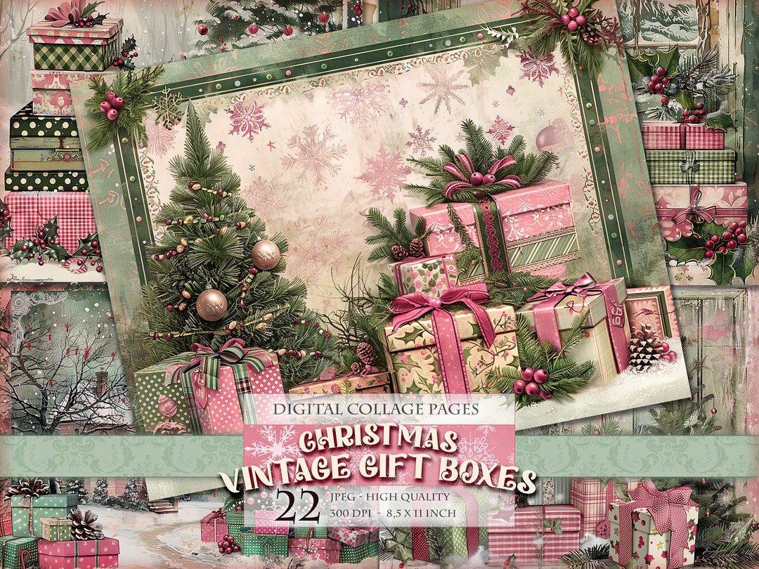 Christmas Vintage Gift Boxes, Digital Collage Sheet, Printable Pages, HQ 22 JPG 11 X 8,5 Inch ...