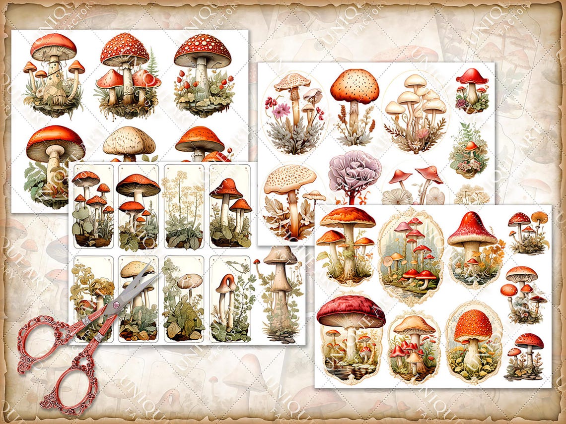 Mushroom Tags, Labels, ATC, Watercolor Junk Journal Embellishments, 130 ...