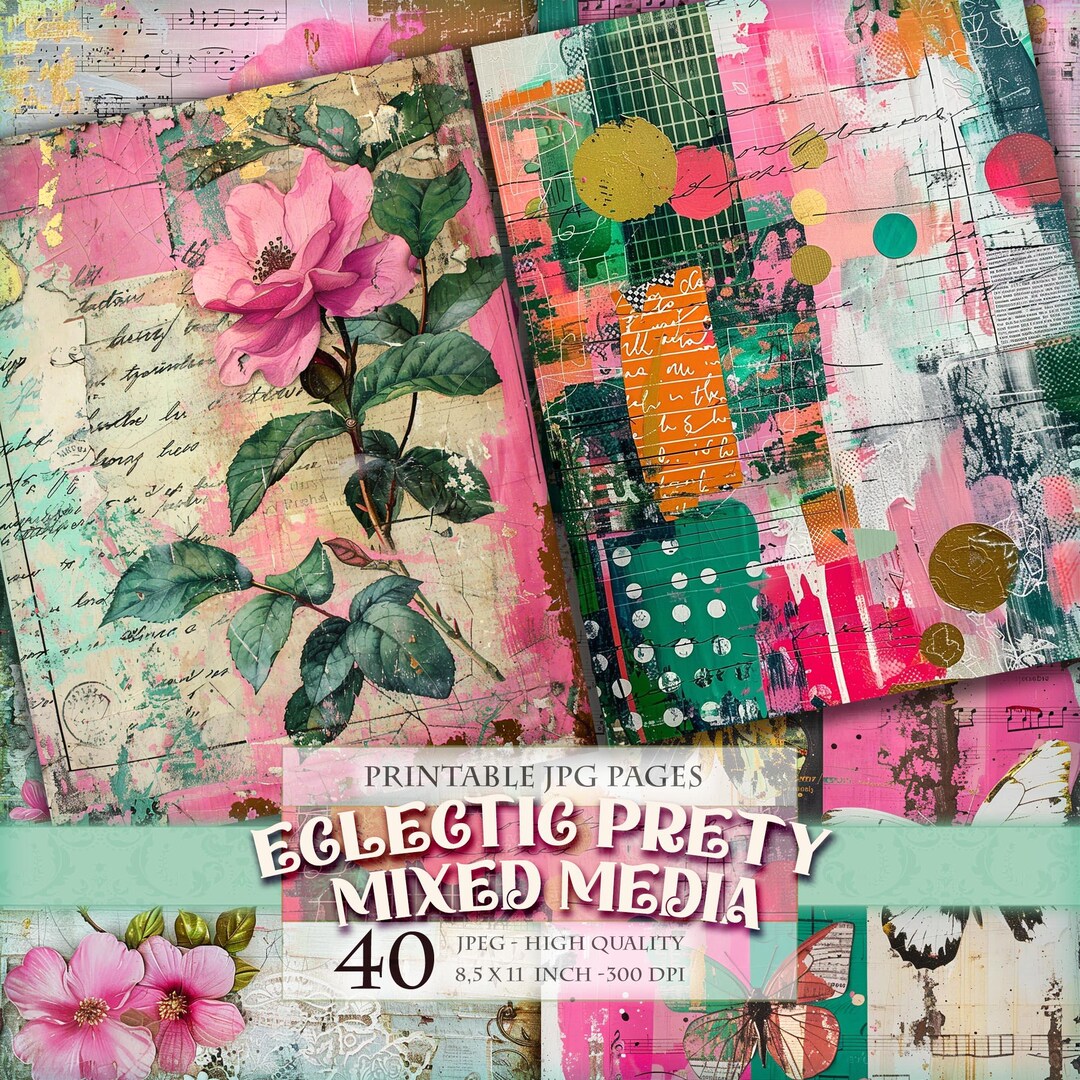 Eclectic Pretty Mixed Media, Printable 40 JPG Image, Junk Journal Folio Pages Old Scrapbook ...