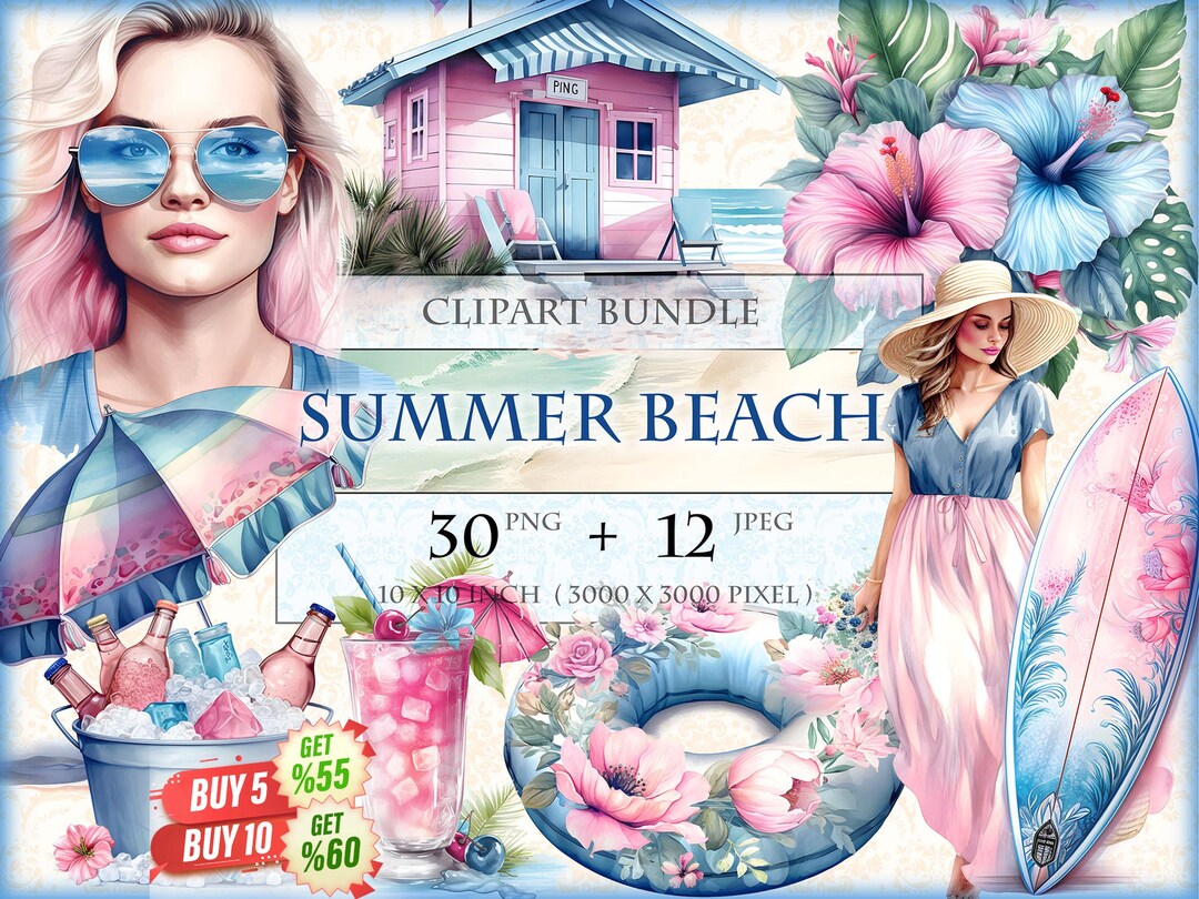 Summer Beach Watercolor Clipart Bundle 30 HQ Printable PNG 12 JPEG ...