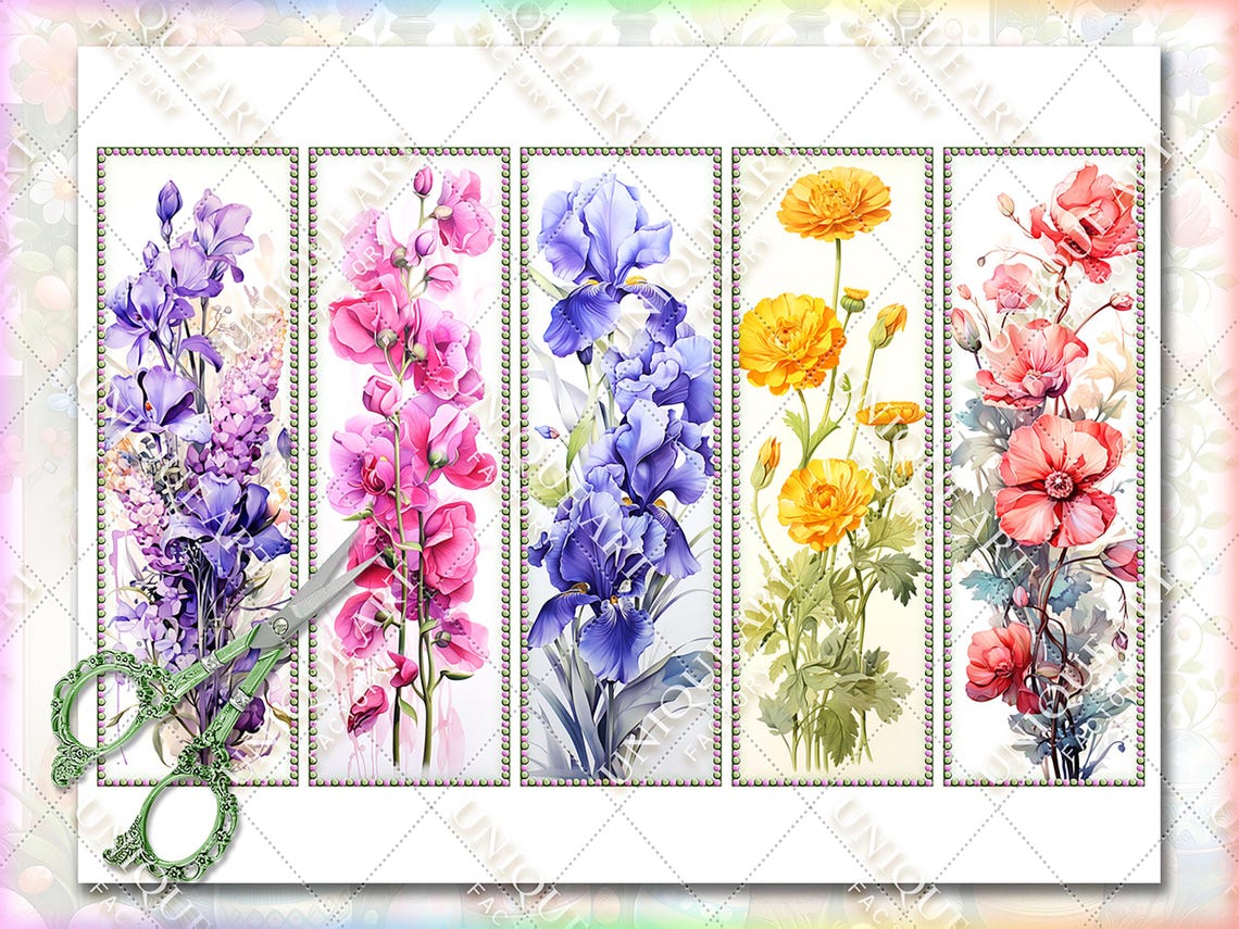 Spring Flower Bookmarks, Watercolor Digital Sheets, 2x6,3 Inch 25 ...