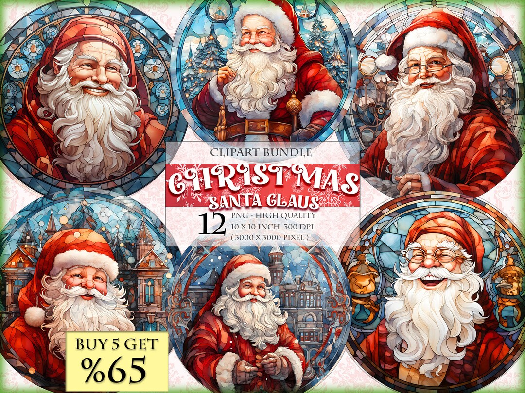 Christmas Stained Glass Santa Claus, Watercolor Clipart Bundle, HQ ...