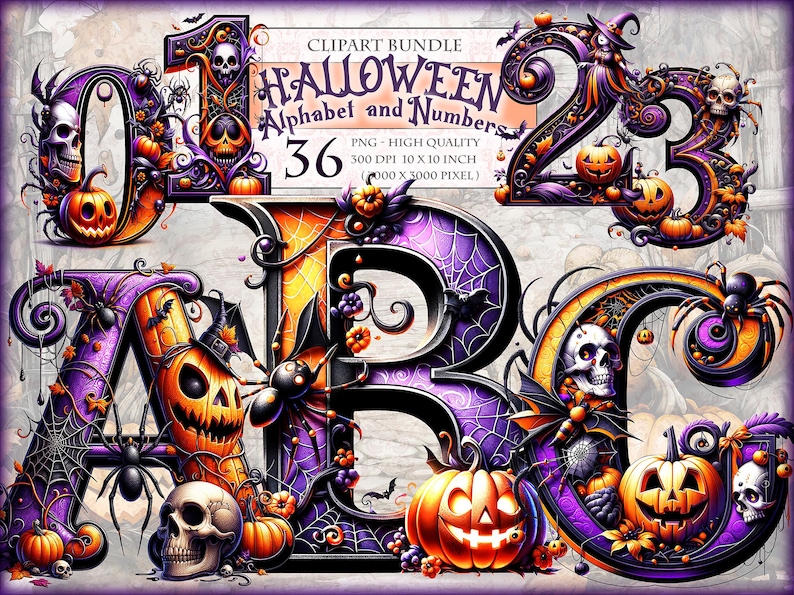 Halloween Alphabet and Numbers, Clipart Bundle, 36 HQ Printable ...