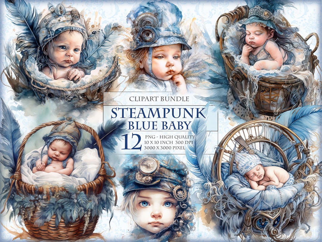 Steampunk Blue Baby and Newborn - Watercolor Clipart Bundle -HQ ...