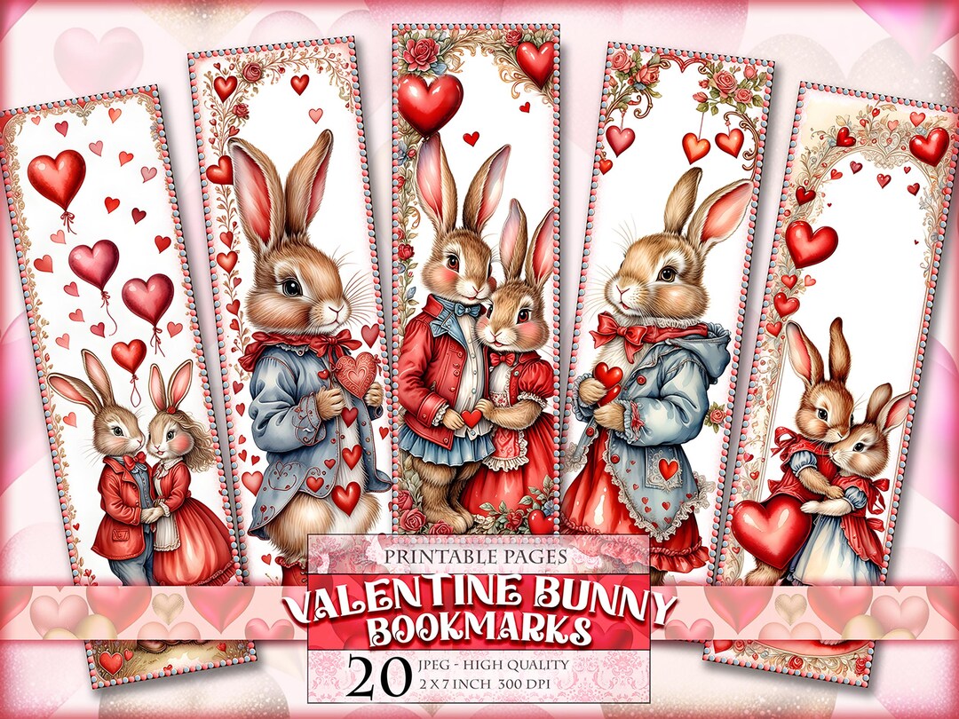 Valentine Bunny Bookmarks, Valentine's Day, Watercolor Digital Sheets ...