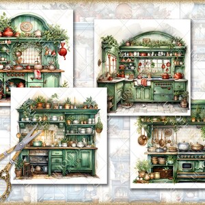 Rustic Green Kitchens, Watercolor Printable Pages, Digital Collage ...