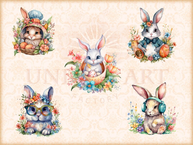 Cute Bunnys Easter Watercolor Clipart Bundle Rabbits and - Etsy