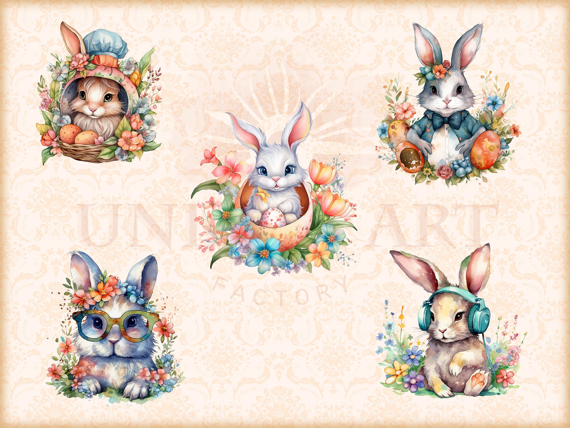 Cute Bunnys Easter Watercolor Clipart Bundle Rabbits and - Etsy