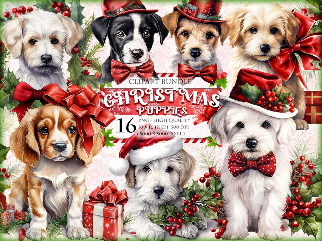 Christmas Puppies, Cute Puppy Watercolor Clipart Bundle, HQ Printable ...