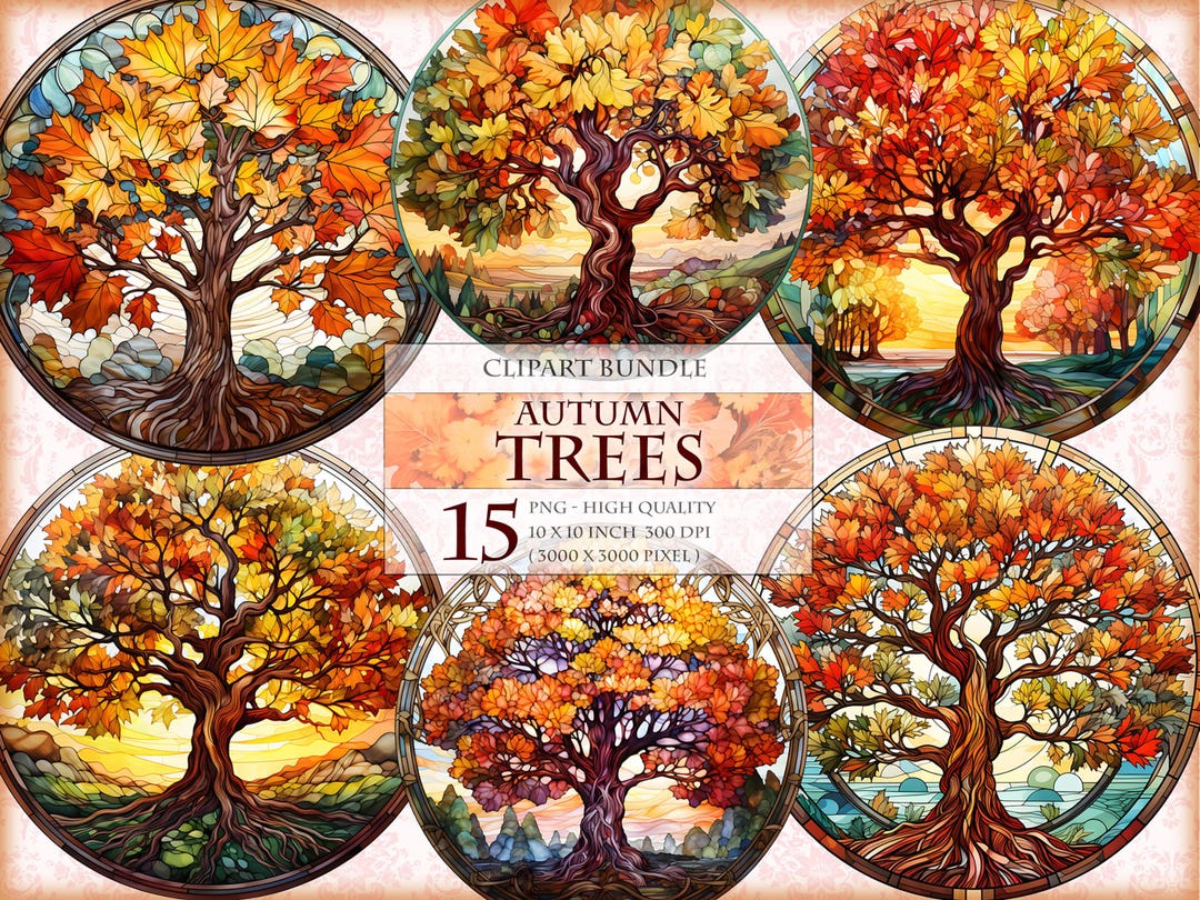 Autumn Sycamore Trees, Stained Glass Watercolor Clipart Bundle - HQ ...