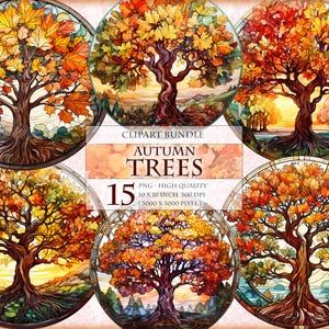 Autumn Sycamore Trees, Stained Glass Watercolor Clipart Bundle - HQ ...