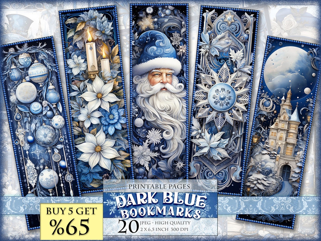 Dark Blue Bookmarks, Vintage Noel, Watercolor Digital Sheets, 2x6,5 ...