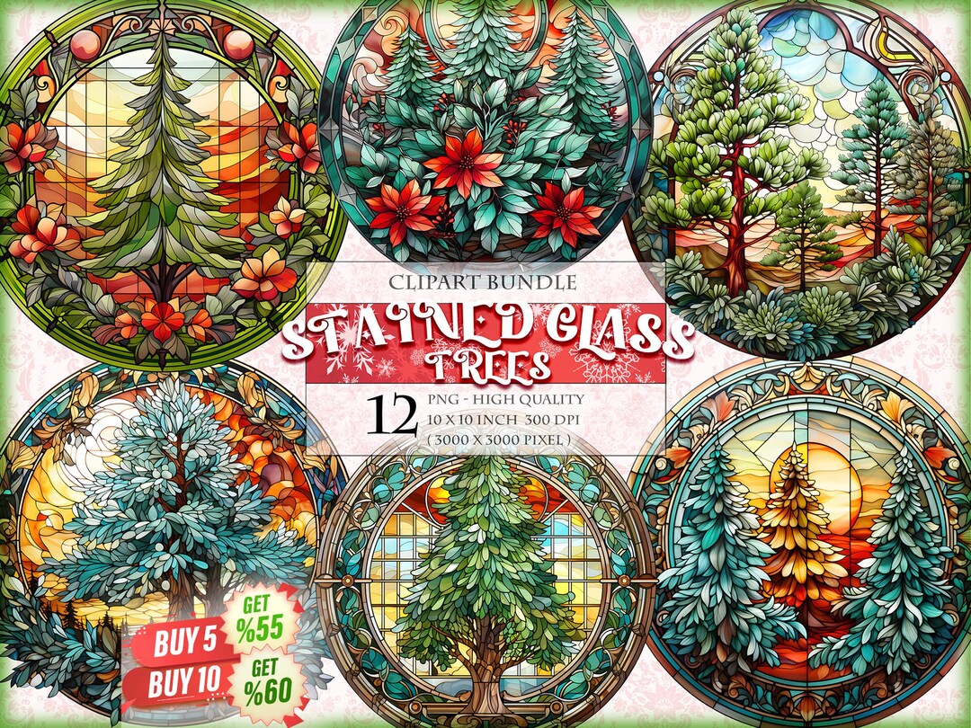 Christmas Stained Glass Trees, Watercolor Clipart Bundle, HQ Printable ...