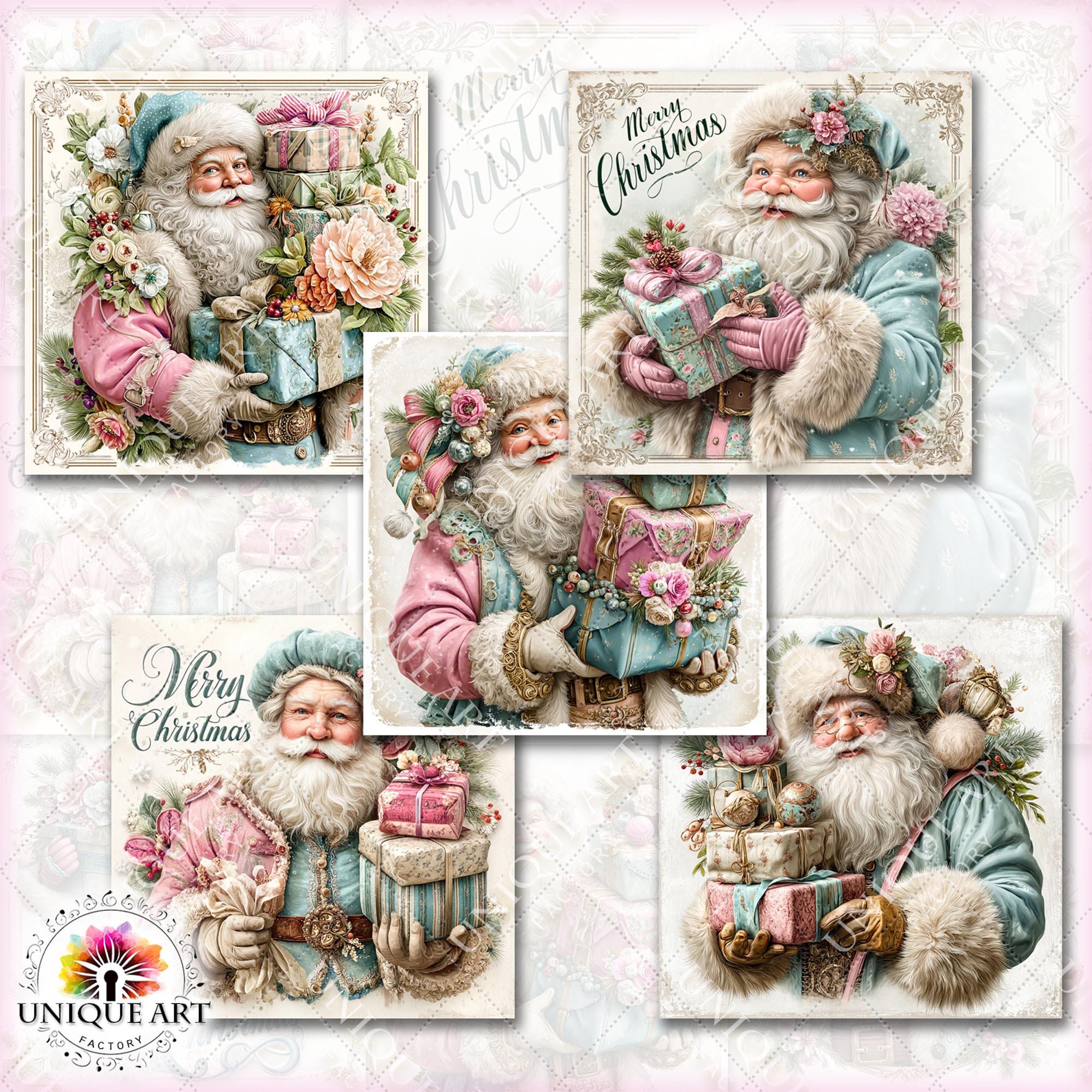 Pink and Mint Santa Claus, Printable 20 JPG Image, Christmas Gift Retro ...