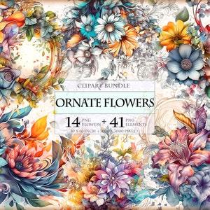 Ornate Flowers and Elements Watercolor Clipart Bundle HQ Printable PNG ...