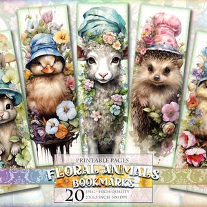Floral Animals Bookmarks, Watercolor Digital Sheets, 2x6,5 Inch 20 ...