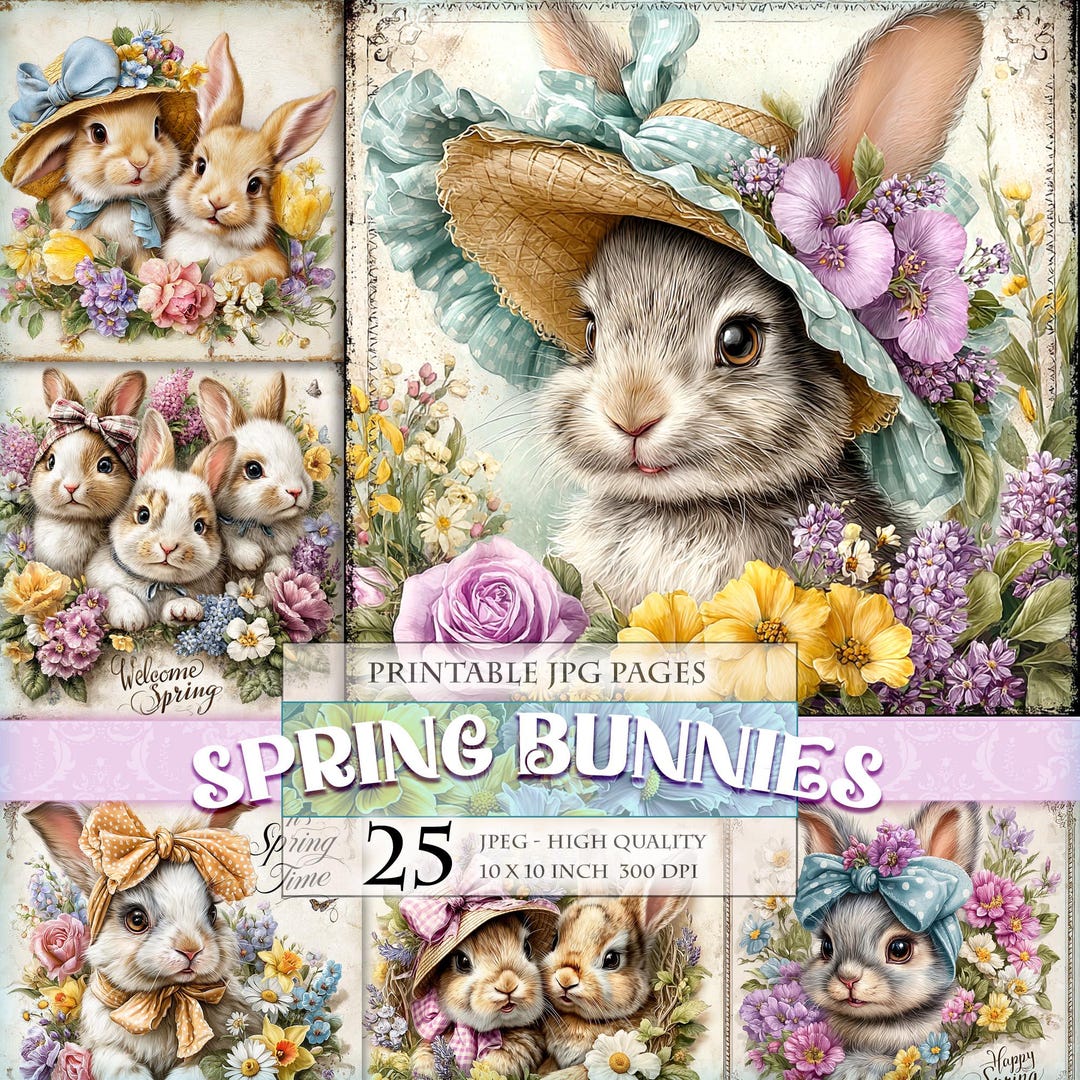 Spring Bunny Clipart Set, Printable 25 JPG Image, Floral Junk Journal ...