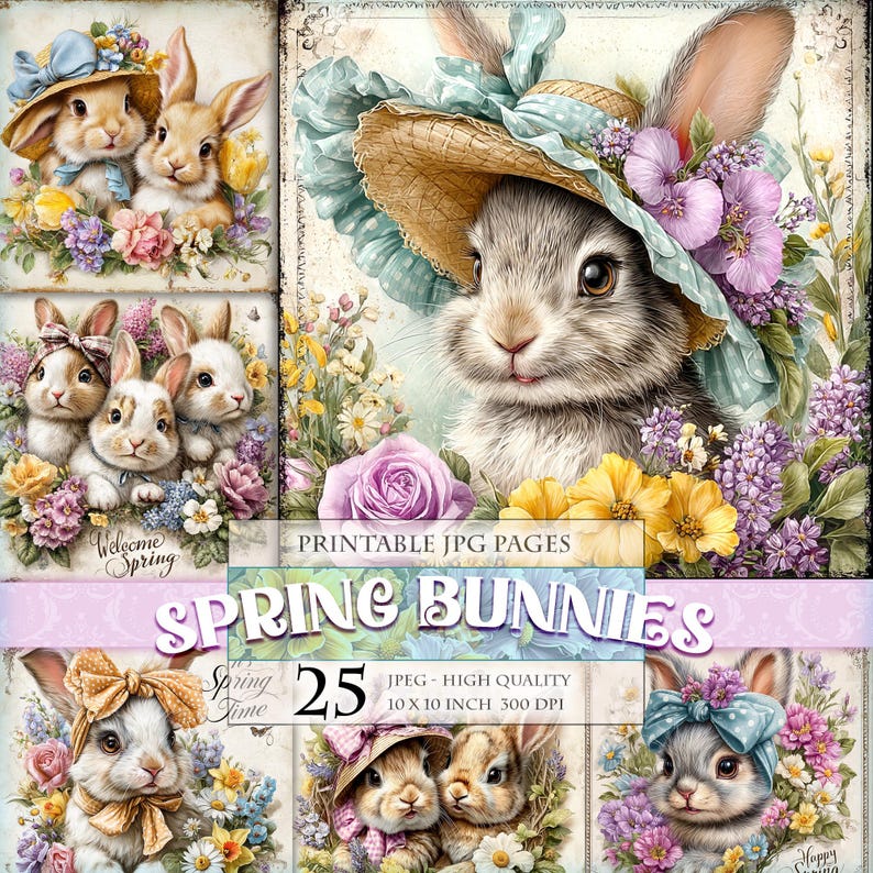 Spring Bunny Clipart Set, Printable 25 JPG Image, Floral Junk Journal ...