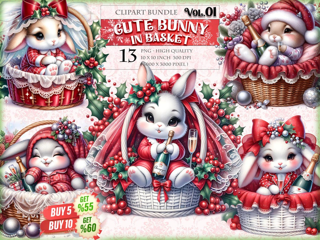 Christmas Cute Bunny in Basket Vol.01, Watercolor Clipart Bundle, 13 HQ ...