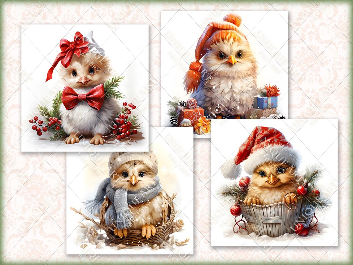 Christmas Chicks, Cute Chickens, Watercolor Printable Pages, Digital ...