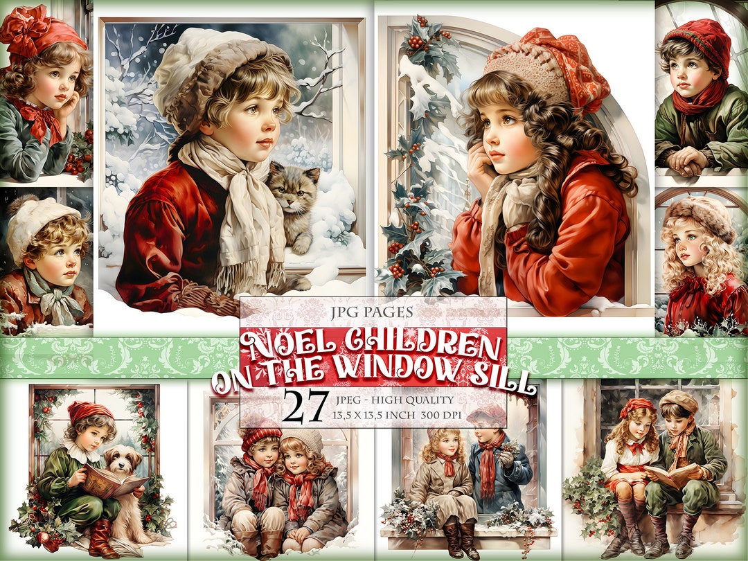 Noel Children on the Window Sill, Christmas Watercolor Printable Pages ...