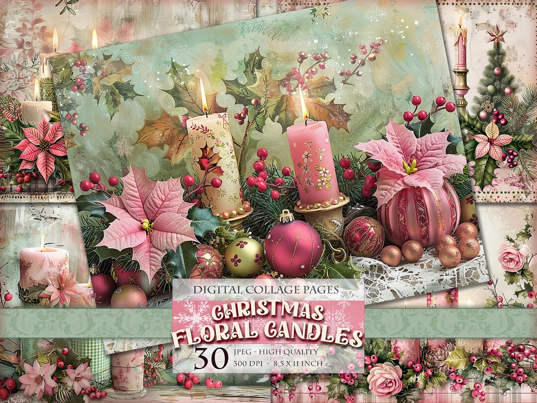 Christmas Floral Candles, Digital Collage Sheet, Printable Pages, HQ 30 ...