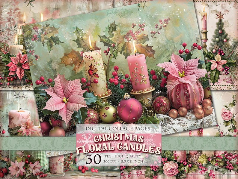 Christmas Floral Candles, Digital Collage Sheet, Printable Pages, HQ 30 ...