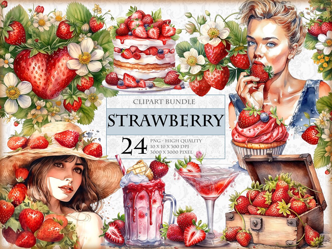 Strawberry Watercolor Clipart Bundle HQ Printable PNG Format Instant ...