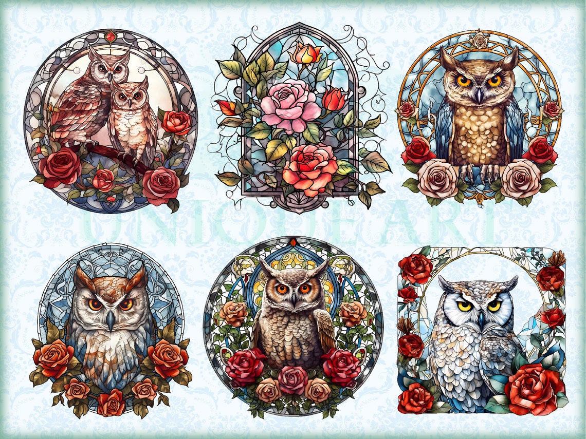 Owl and Roses Stained Glass Watercolor Clipart Bundle HQ - Etsy