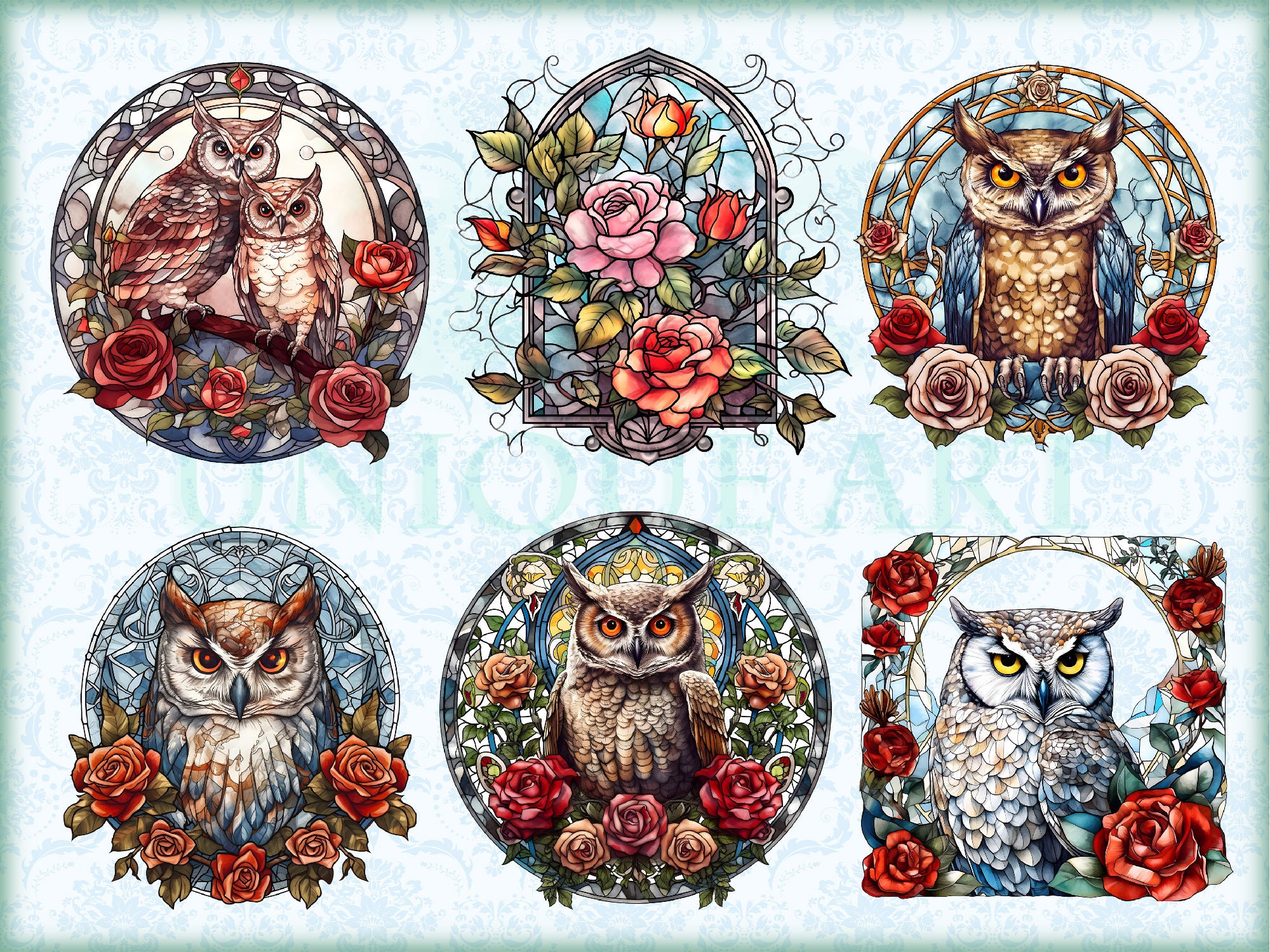 Owl and Roses Stained Glass Watercolor Clipart Bundle HQ - Etsy