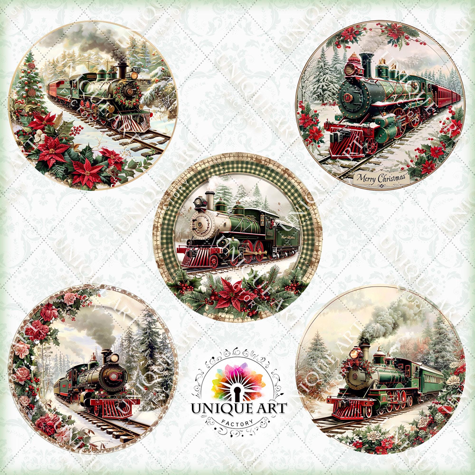 Christmas Train Round Ornaments, Watercolor Clipart Bundle 15 Printable ...