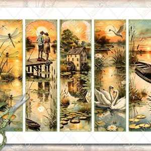 Sunset on the Lake Bookmarks, Watercolor Digital Sheets, 2x7 Inch 20 ...