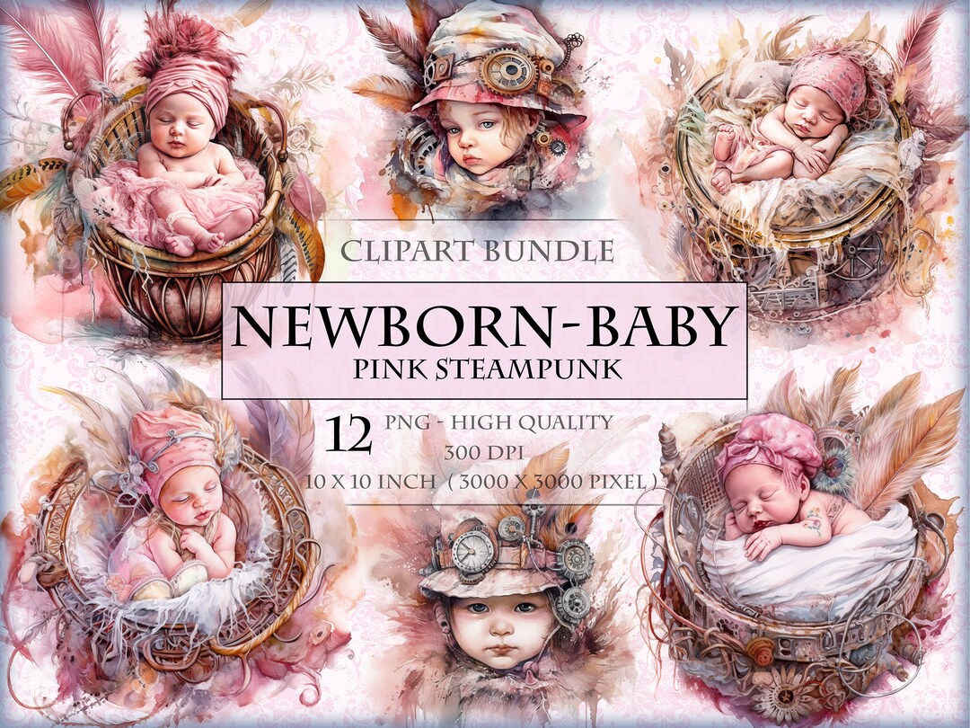 Steampunk Pink Baby and Newborn Watercolor Clipart Bundle - Etsy