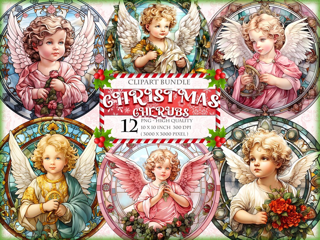 Christmas - Stained Glass Cherubs, Printable 12 PNG Image, Watercolor ...
