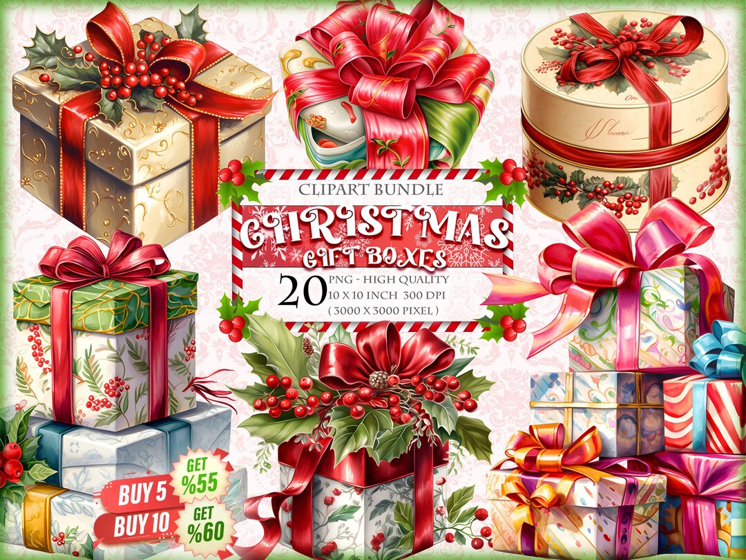 Christmas Gift Box, Watercolor Clipart Bundle, 20 HQ Printable PNG ...