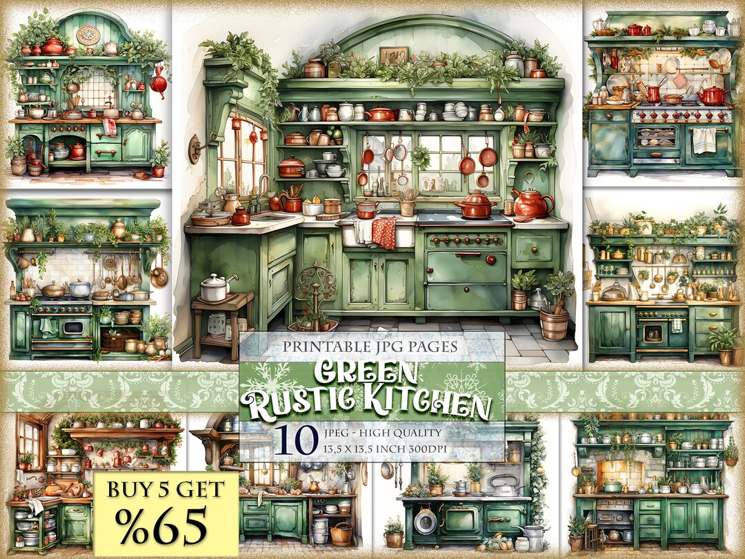 Rustic Green Kitchens, Watercolor Printable Pages, Digital Collage ...