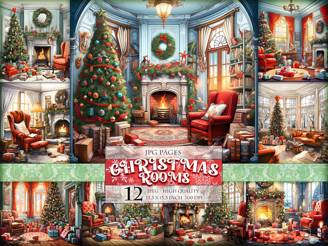 Christmas Rooms, Traditional Noel Living Room, Watercolor Printable ...