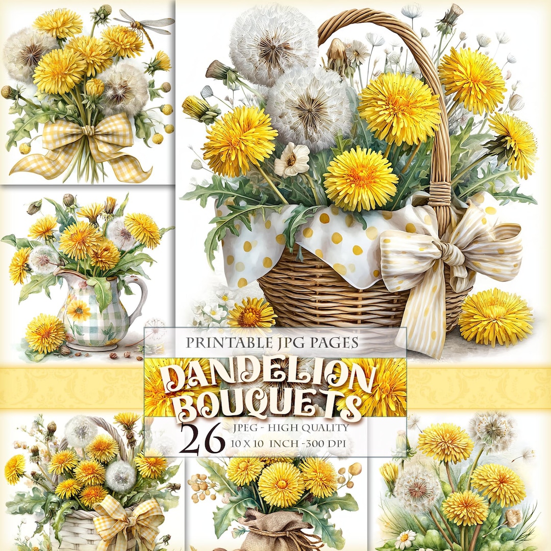 Dandelion Bouquets Clipart Set, Printable 26 JPEG Image, Yellow and ...