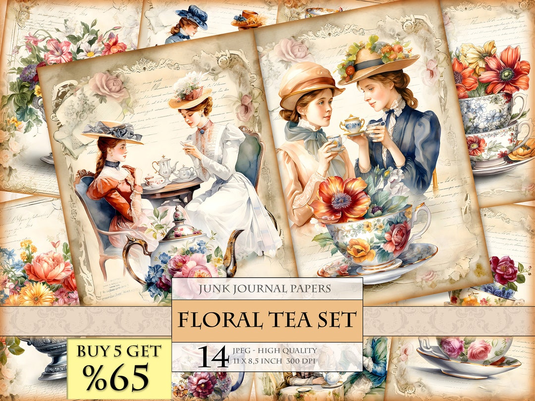 Vintage Floral Tea Set Themed Junk Journal Pages 14 Pcs JPG File 8.2X11 ...
