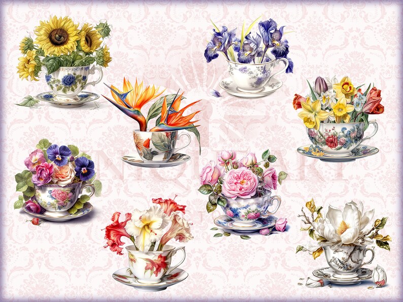 Cup of Flowers Watercolor Clipart Bundle HQ Printable PNG - Etsy