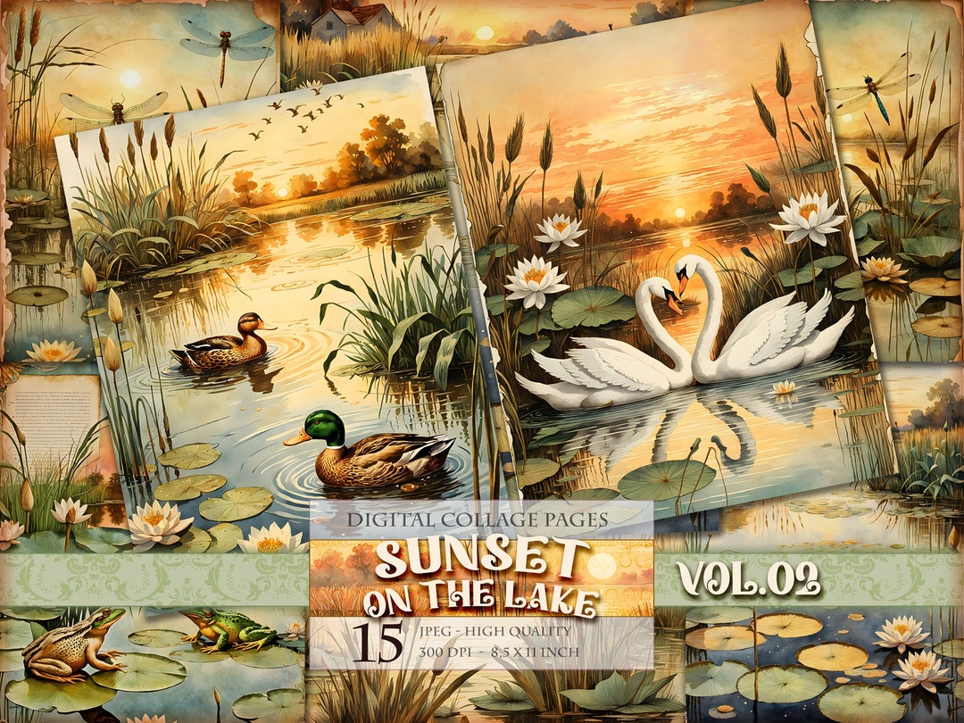 Sunset on the Lake Vol.02, Watercolor Scrapbook Junk Journal Collage ...