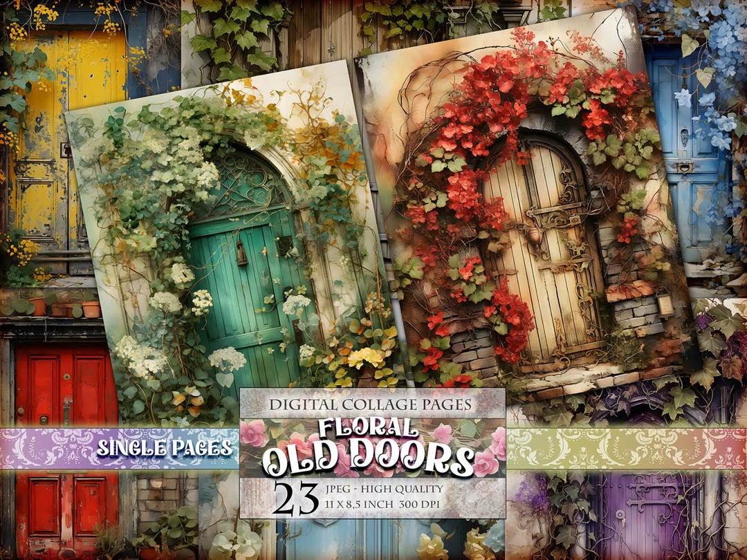 Floral Old Doors, Antique Wooden Door, Watercolor Digital Collage ...
