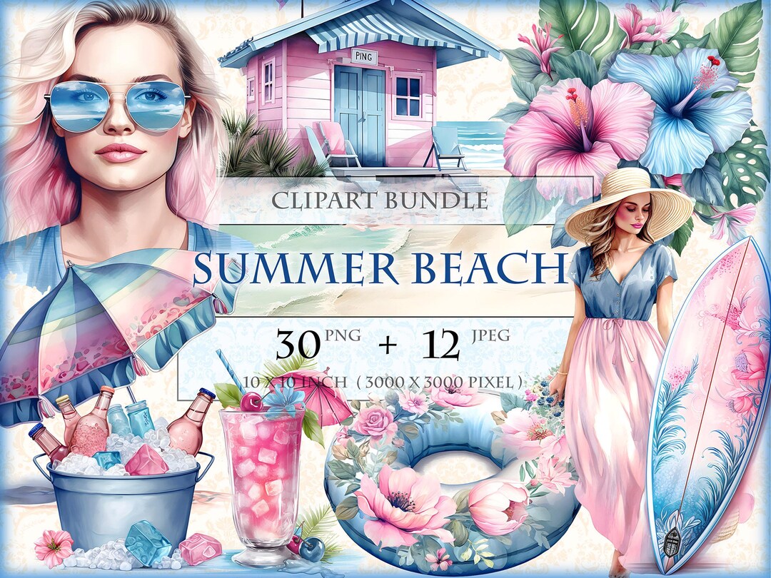 Summer Beach - Watercolor Clipart Bundle - 30 HQ Printable PNG + 12 ...